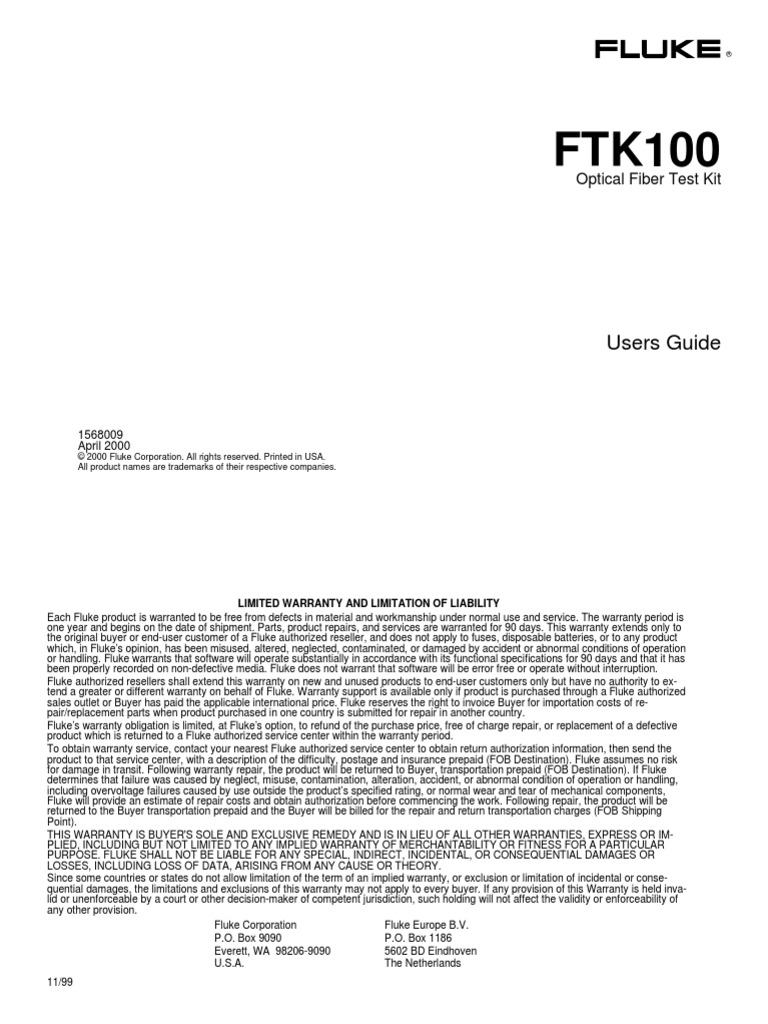 Fluke Optical Fibre Test Kit FTK100 | PDF | Optical Fiber | Decibel