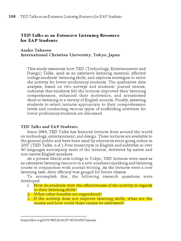 TED Talks for EAP Listening Skills | PDF | Motivational | Motivation