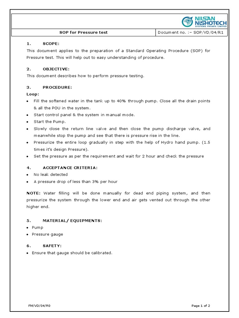 SOP For Pressure Test 1. Scope | PDF