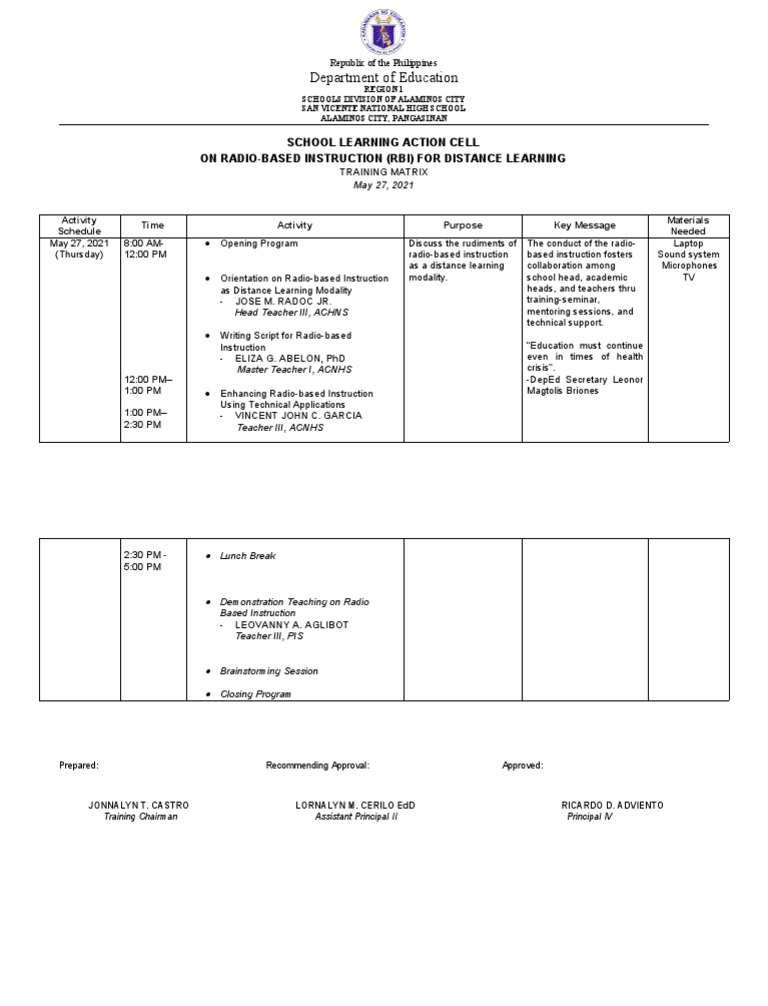 Department of Education: School Learning Action Cell On Radio-Based ...