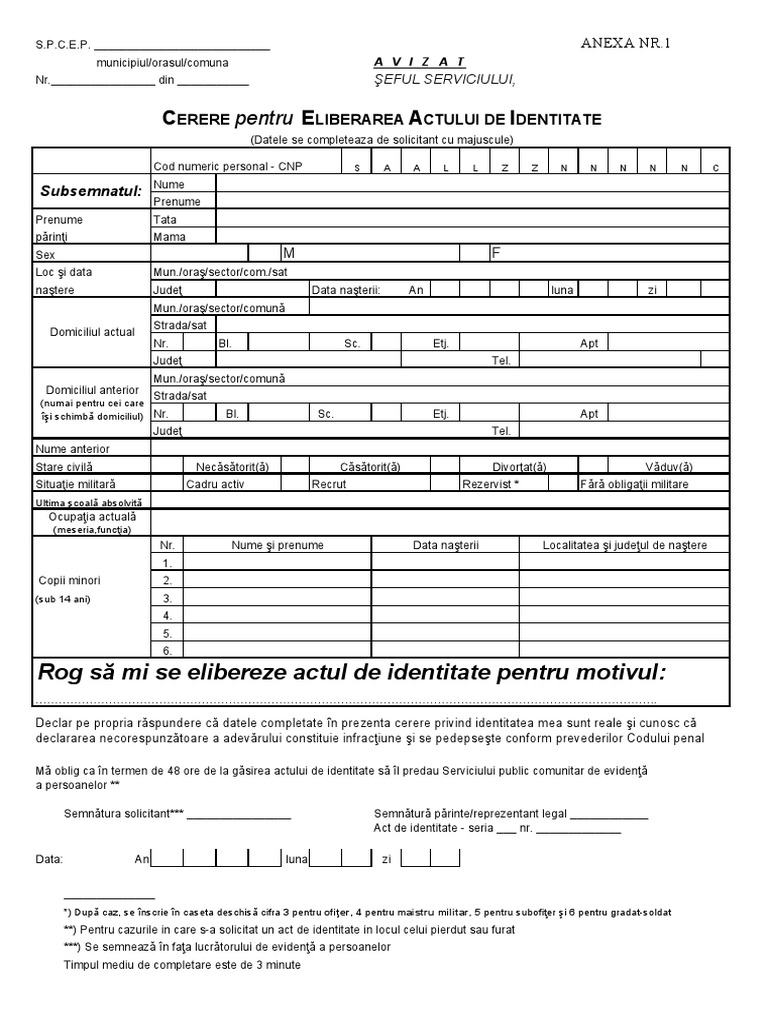 Anexa 1 Cerere Pentru Eliberare Act de Identitate | PDF