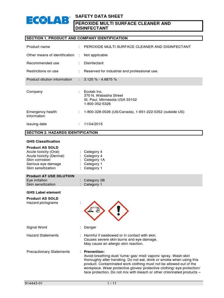 Safety Data Sheet Peroxide Multi Surface Cleaner and Disinfectant | PDF ...
