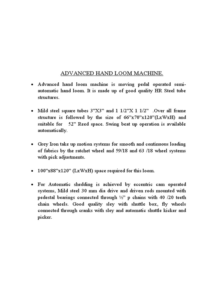Moving Pedal Operated Semi Automatic Hand Loom Machine | PDF