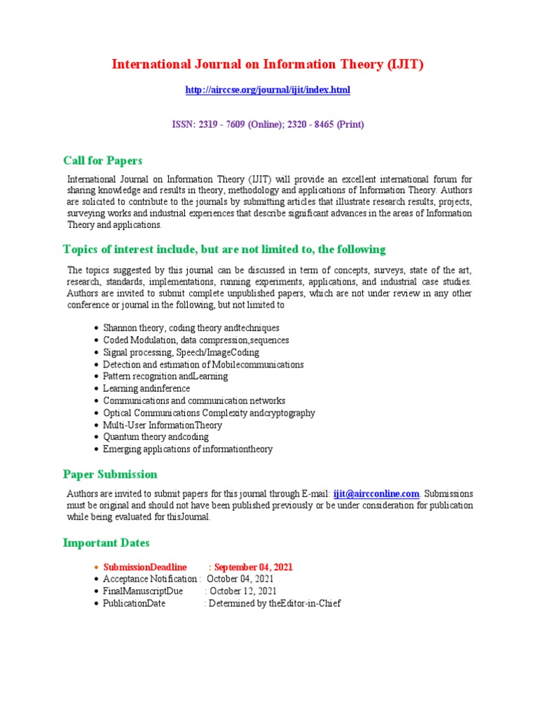 Call for Papers: IJIT Journal | PDF