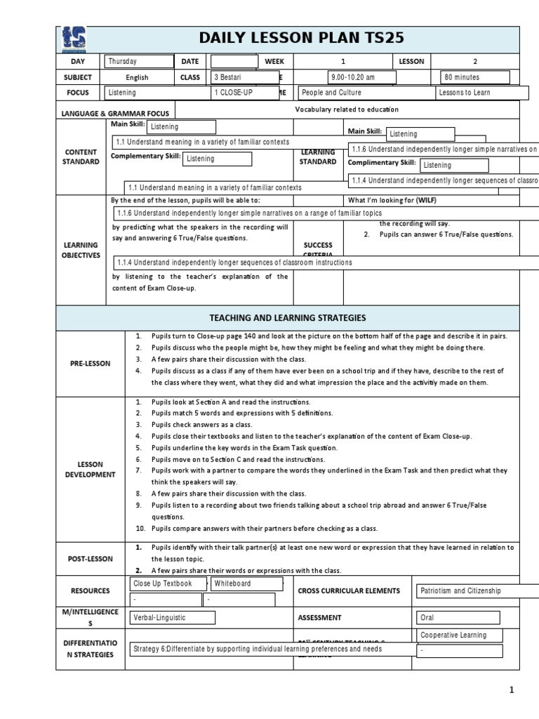 Daily Lesson Plan Ts25: Teaching and Learning Strategies | PDF | Lesson ...