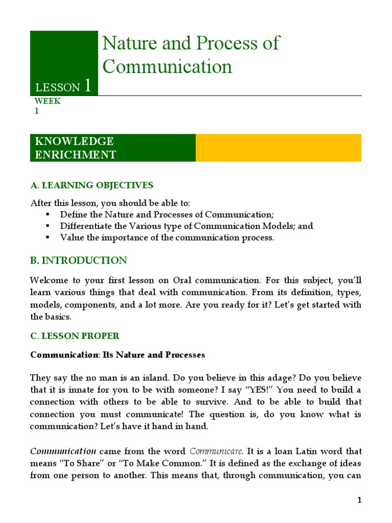Nature and Process of Communication: Lesson | PDF | Communication ...