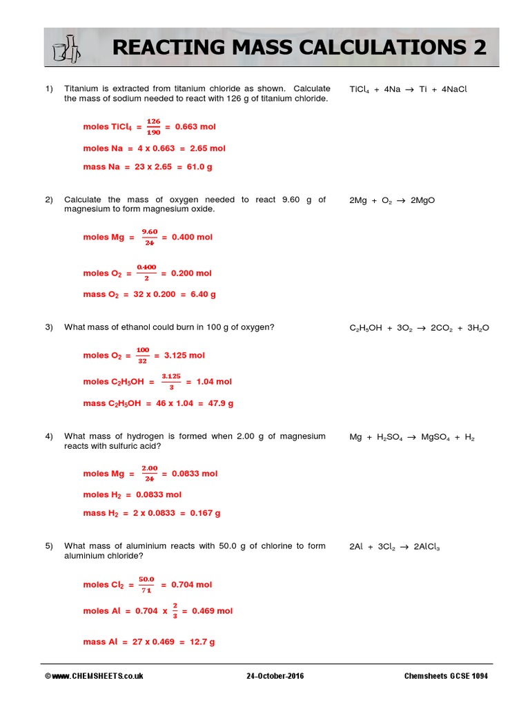 Chemsheets GCSE 1094 (Reacting Mass Calculations 2) ANS nbssv6 | PDF ...