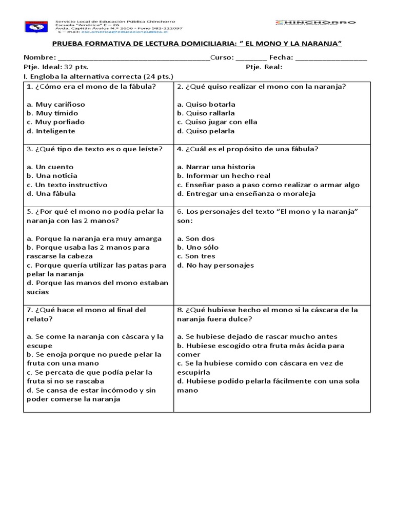 Prueba Formativa El Mono y La Naranja | PDF | Naranja)