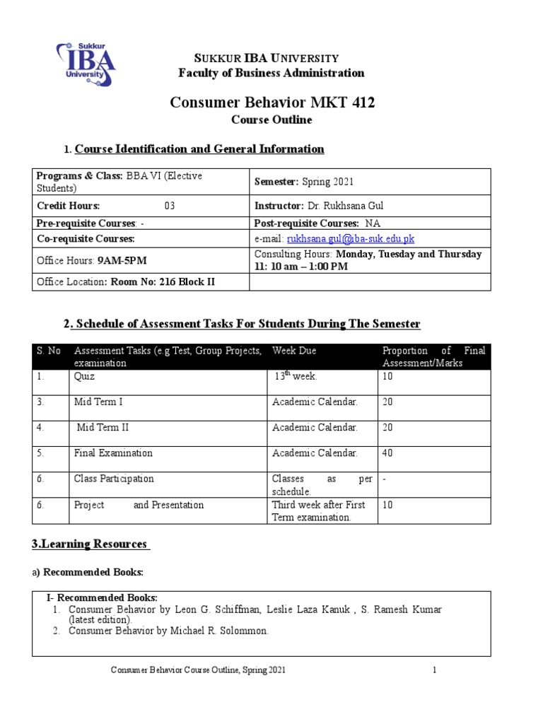 Course Outline Consumer Behavior BBA Spring 2021 | PDF | Attitude ...