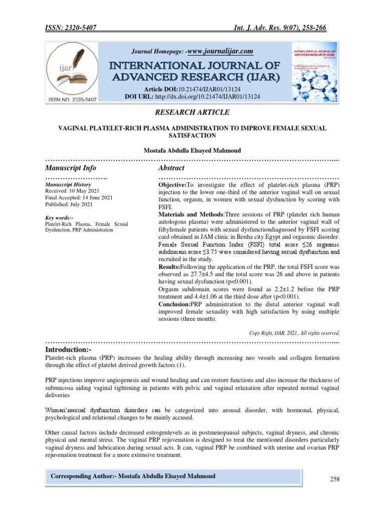 Vaginal Platelet-Rich Plasma Administration To Improve Female Sexual ...