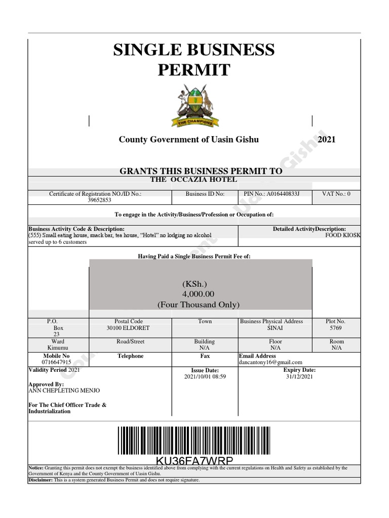 Kiambu County Single Business Permit Sample | PDF