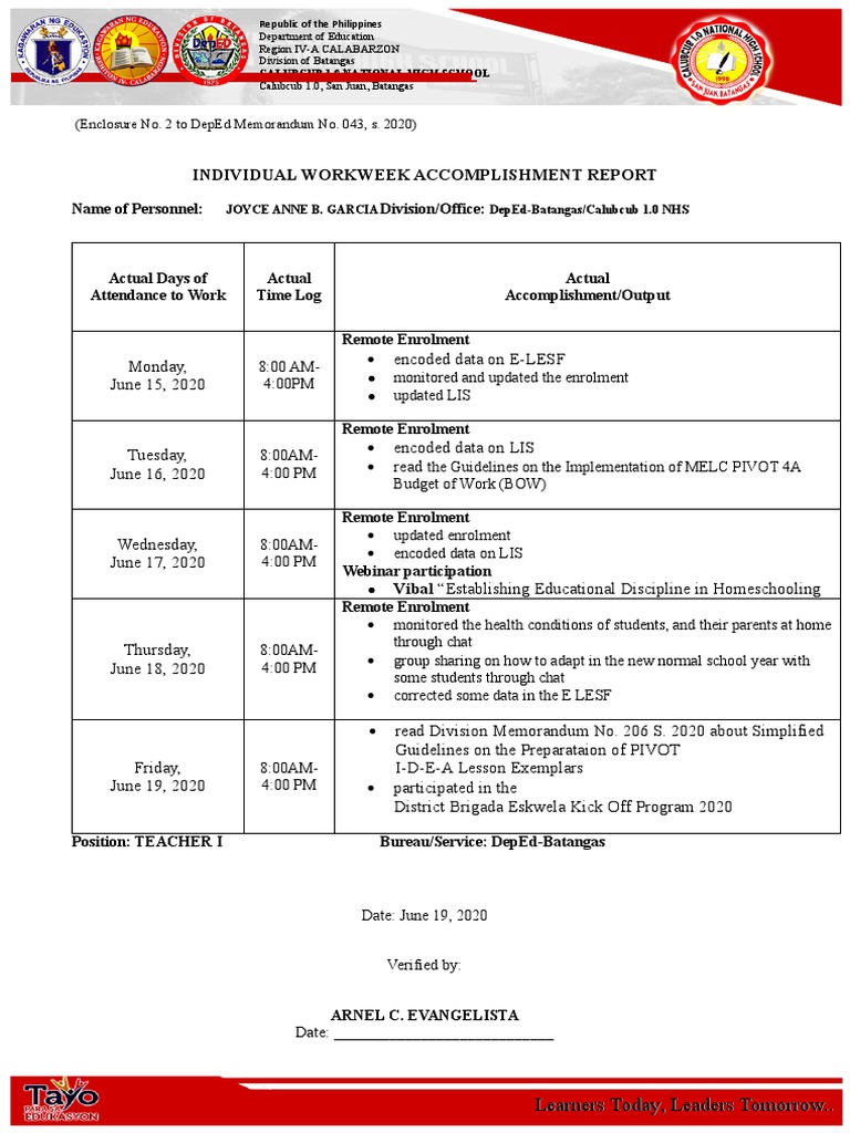 Individual Workweek Accomplishment Report: (Enclosure No. 2 To Deped ...