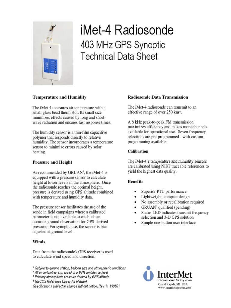 Imet-4 Radiosonde: 403 MHZ Gps Synoptic Technical Data Sheet | PDF ...