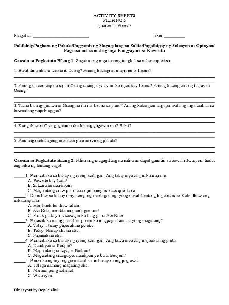 Filipino 6 Activity Sheet q2 w3 | PDF