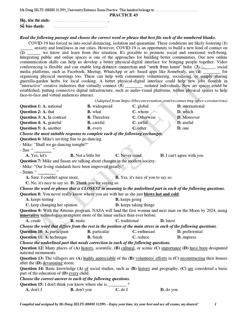 Ms Dung IELTS (08888 31299) - University Entrance Exam Practice This ...