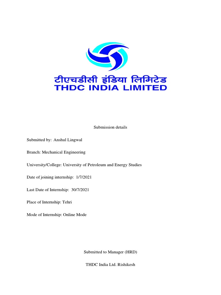 THDC - Summer Internship - Anshul Lingwal | PDF | Hydroelectricity ...