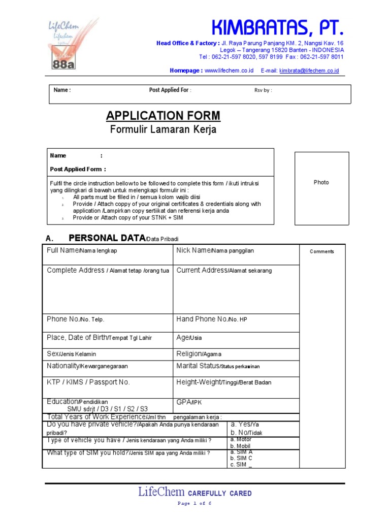 Form Application Kimbratas Word | PDF