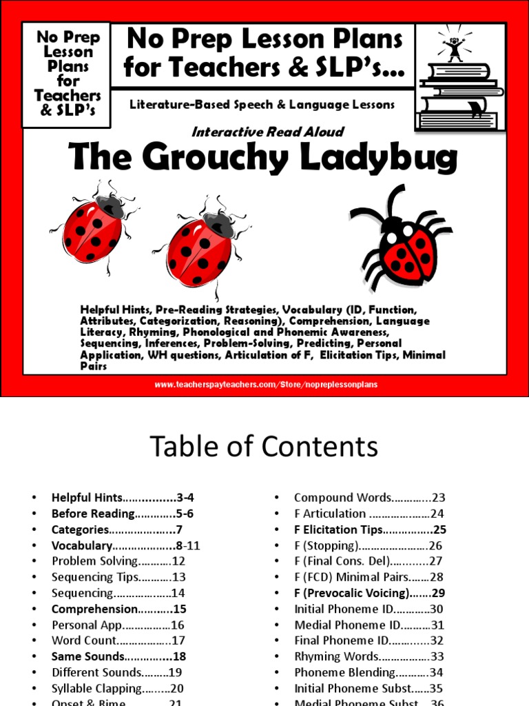No Prep Lesson Plans For Teachers & SLP's : The Grouchy Ladybug | PDF ...
