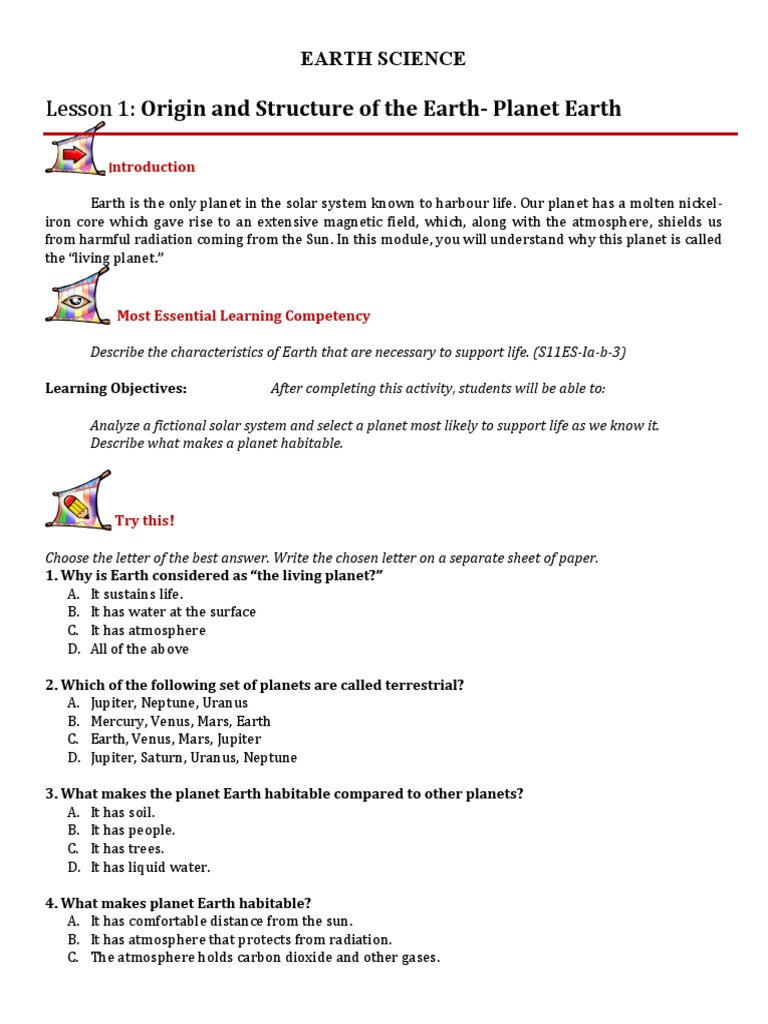 Lesson 1 Origin and Structure of The Earth Planet Earth | PDF ...