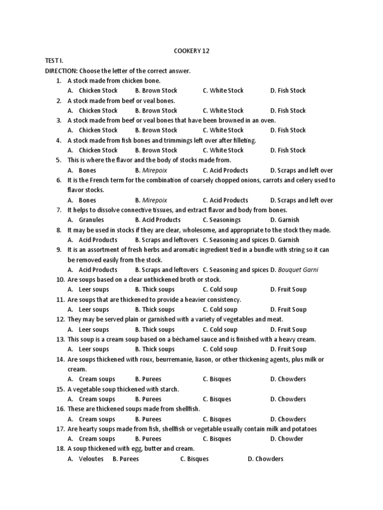 COOKERY Grade 12 | PDF | Stock (Food) | Soup