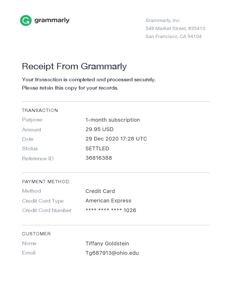 Grammarly Receipts for Tiffany Goldstein | PDF | Financial Transaction ...