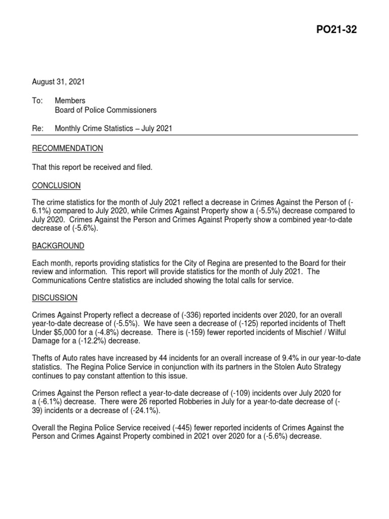 Regina July 2021 Crime Statistics Report | PDF | Assault | Theft