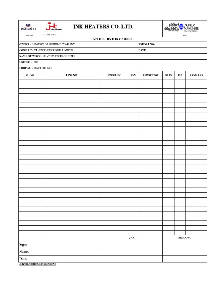 JNK Heaters Co. LTD.: Spool History Sheet | PDF
