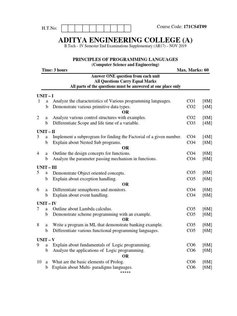 Principles of Programming Languages Exam | PDF | Subroutine | Computer ...