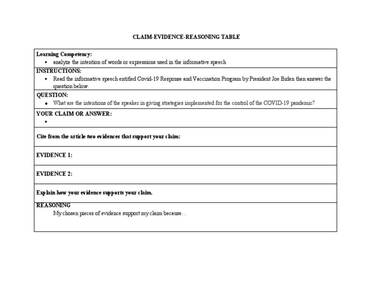 Claim-Evidence-Reasoning Table Learning Competency: Instructions | PDF