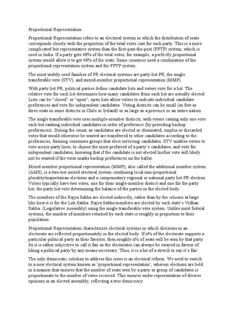 Proportional Representation - Pol Sci Assignment | PDF | Voting | Electoral District