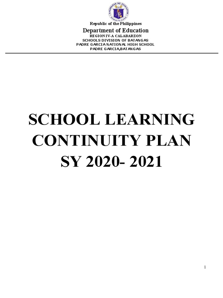 School Learning Continuity Plan SY 2020-2021: Department of Education ...