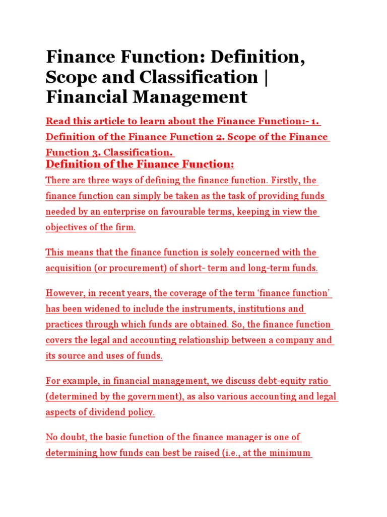 FIN 2-Finance Function, Definition, Scope | PDF | Definition | Money