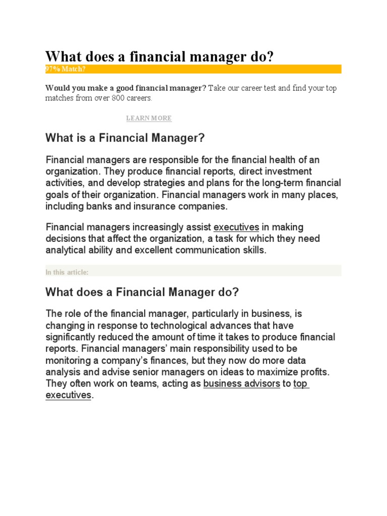 FIN 2-What Does A Financial Manager Do | PDF | Investing | Financial ...