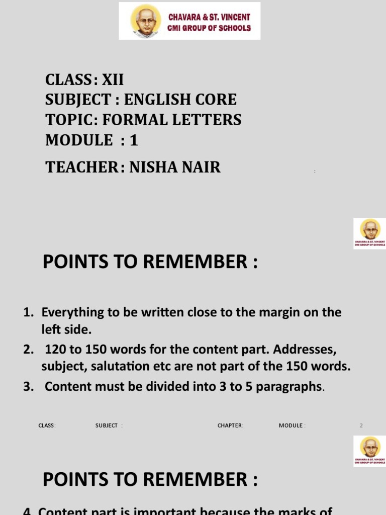 CLASS 12 FORMAL LETTERS Nisha Nair - 1746637240 | PDF | Paragraph ...