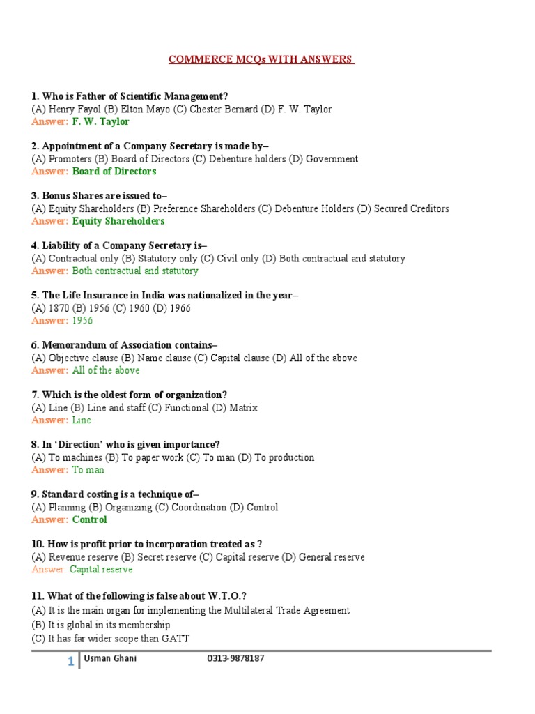 COMMERCE MCQs WITH ANSWERS by Usman Ghani | PDF | Balance Sheet ...