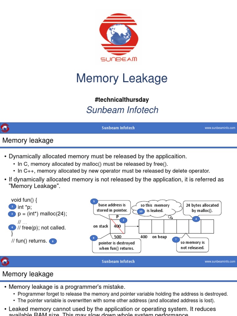 Memory Leakage: Sunbeam Infotech | Download Free PDF | Pointer (Computer Programming) | Software ...