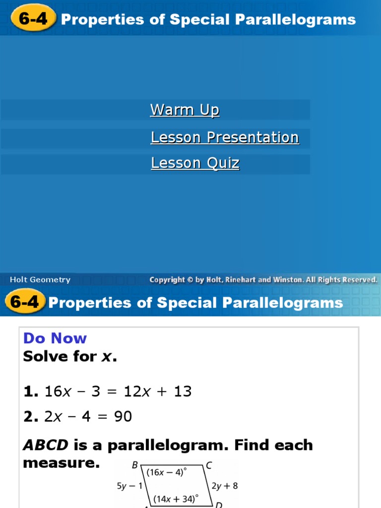 Properties of Special Parallelograms | PDF | Rectangle | Euclidean Geometry