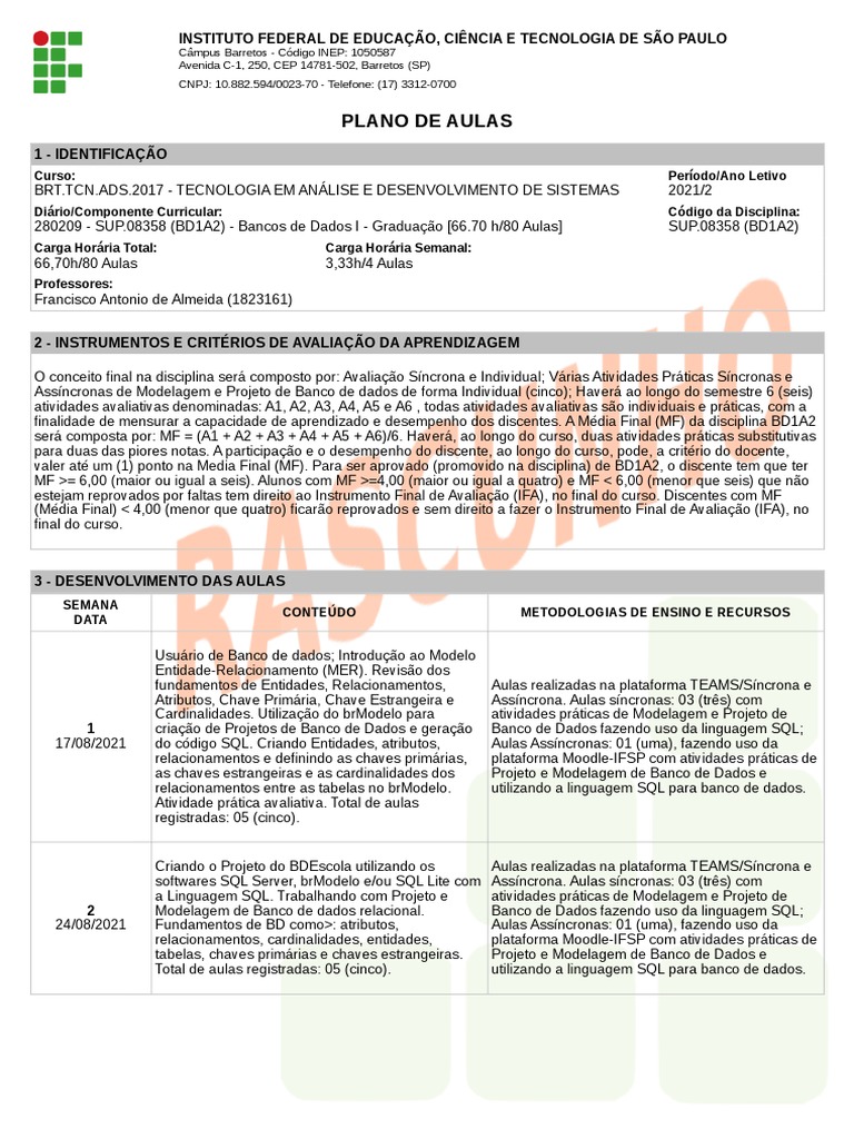 Plano de Aulas - Banco de Dados | PDF | SQL | Modelo relacional