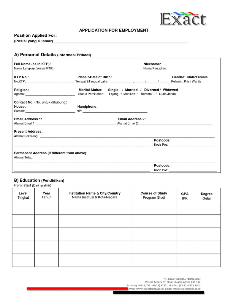 Application Form For Employment - ExactGlobalTeknologi | PDF