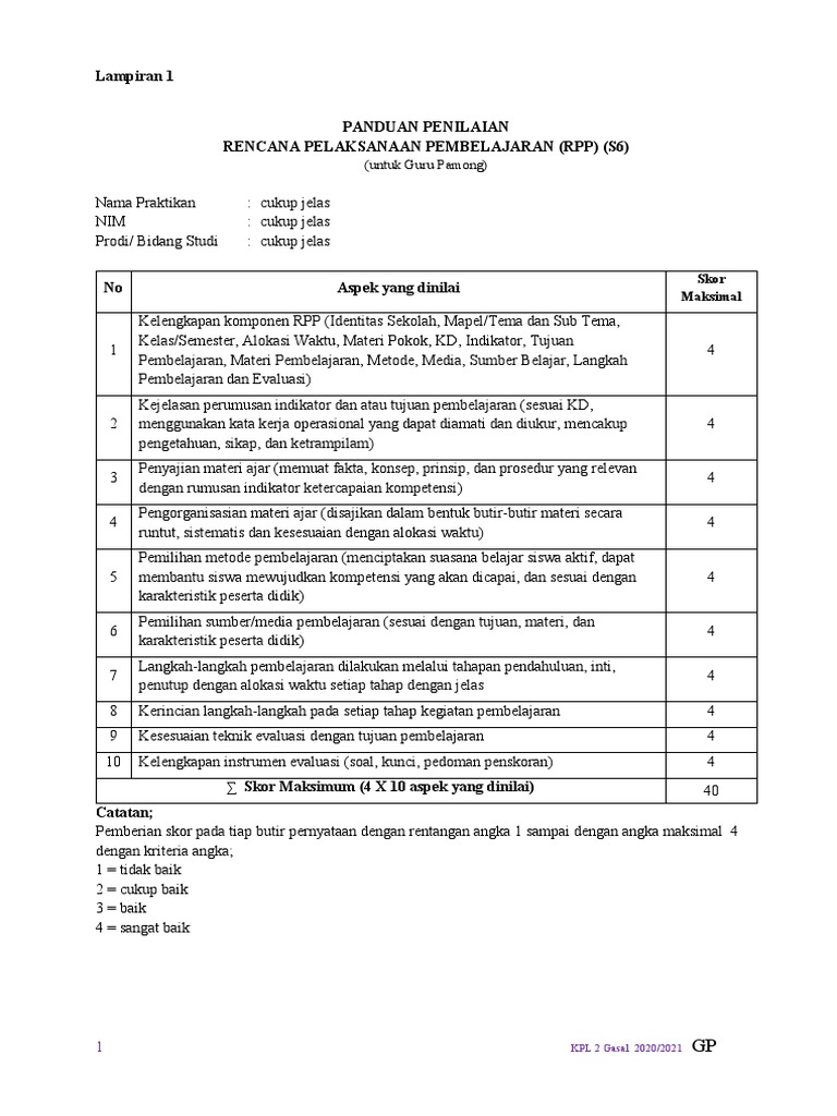 Instrumen Penilaian Guru Pamong KPL II Daring | PDF