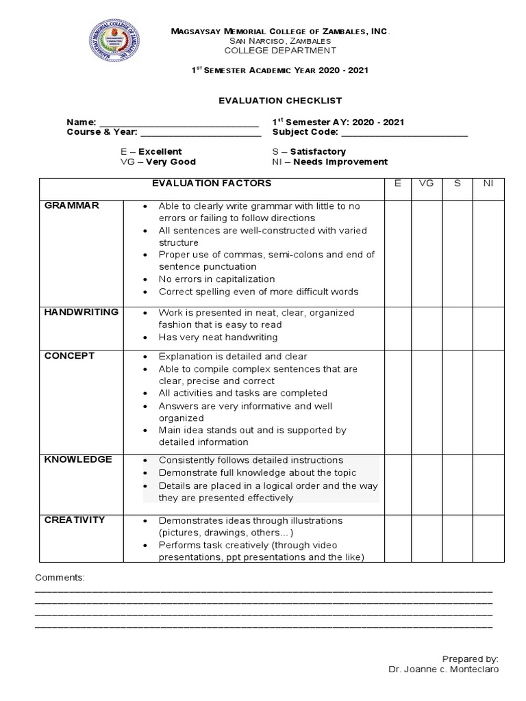 Evaluation Checklist Name: - 1 Semester AY: 2020 - 2021 Course & Year ...