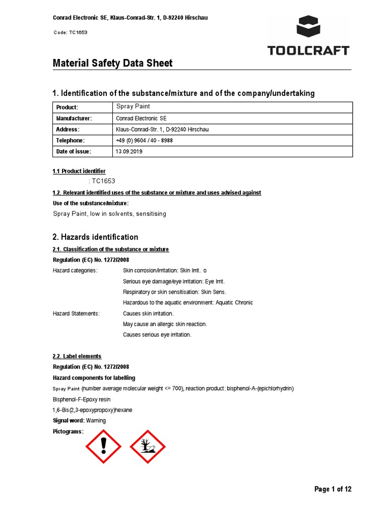 Material Safety Data Sheet: 1. Identification of The Substance/mixture and of The Company ...