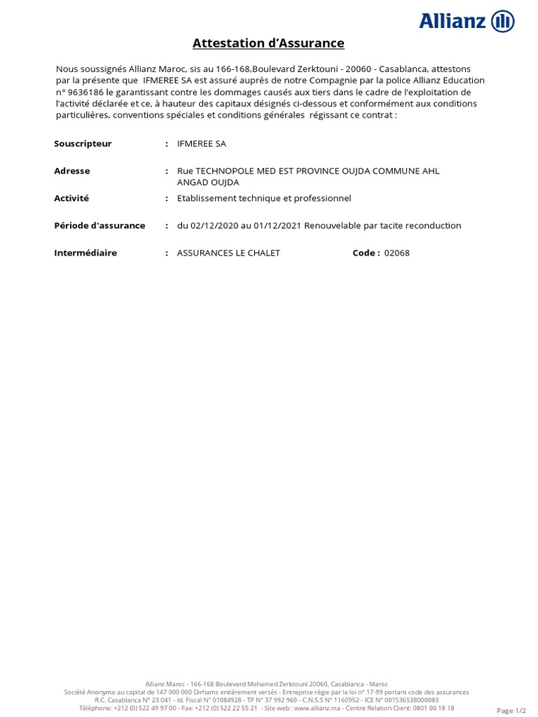 Attestation D'assurance | PDF | Assurance | Maroc