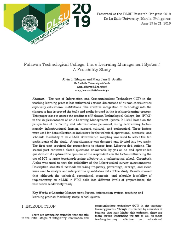 Palawan Technological College, Inc. E-Learning Management System: A Feasibility Study | PDF ...