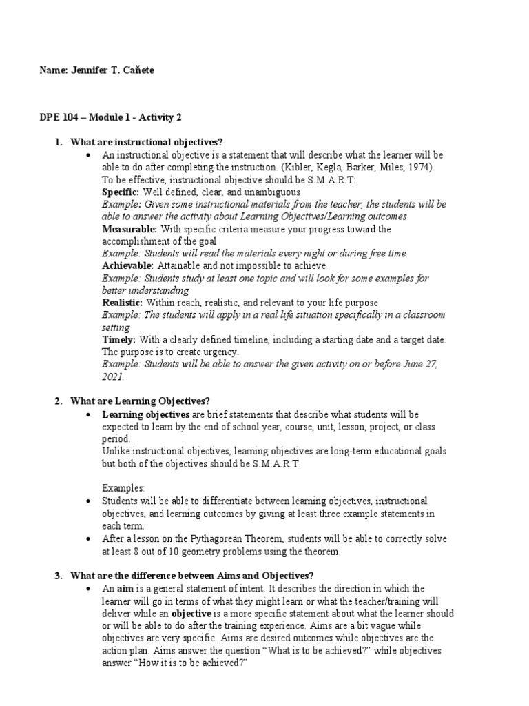 DPE 104 - Module 1 - Activity 2 | PDF | Educational Assessment | Learning