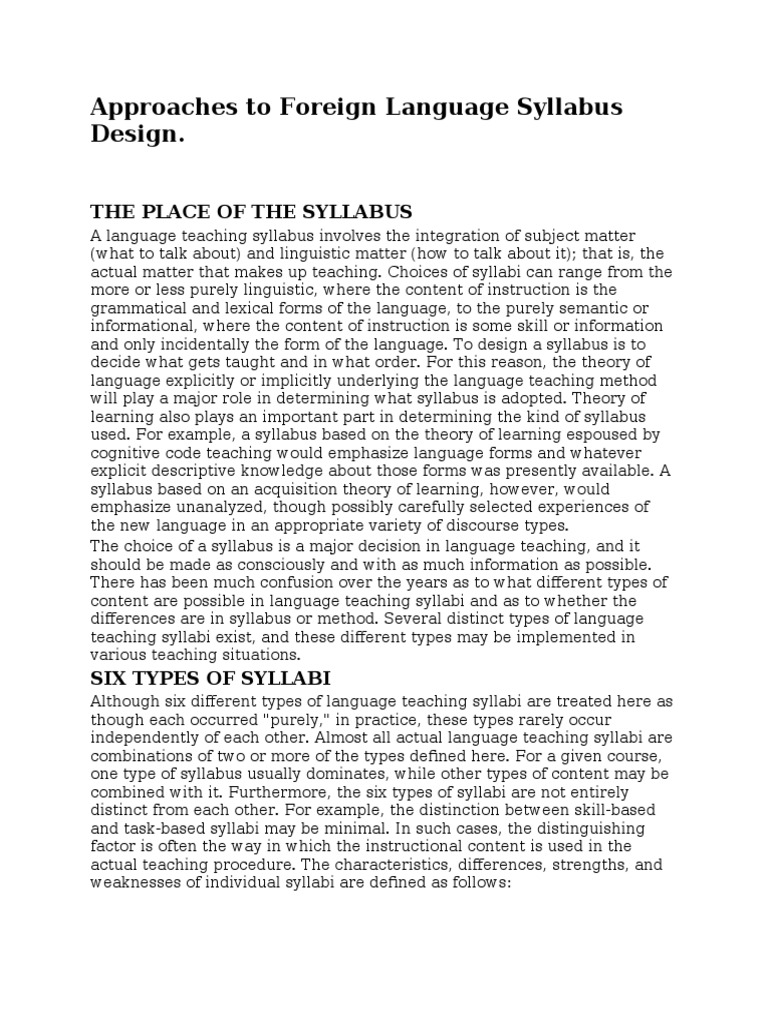 Approaches To Foreign Language Syllabus Design.: The Place of The ...