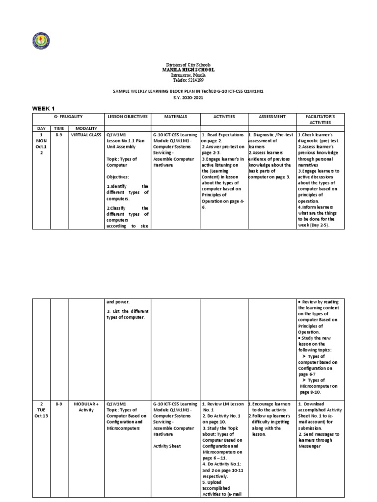 SAMPLE Weekly Learning Block Plan ICT CSS G10 | PDF | Learning | Computing