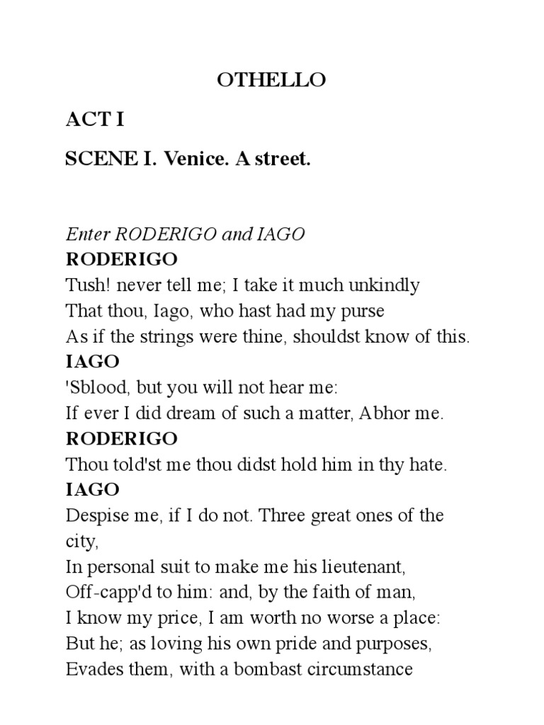 Othello Act I SCENE I. Venice. A Street.: Enter Roderigo and Iago | PDF ...