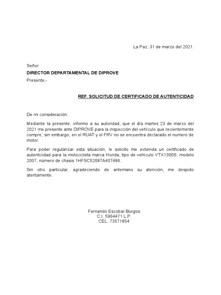 Carta Solicitud de Certificado de Autenticacion | PDF