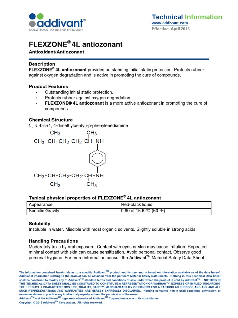 Flexzone 4L Antiozonant: Technical | PDF | Solubility | Physical Sciences